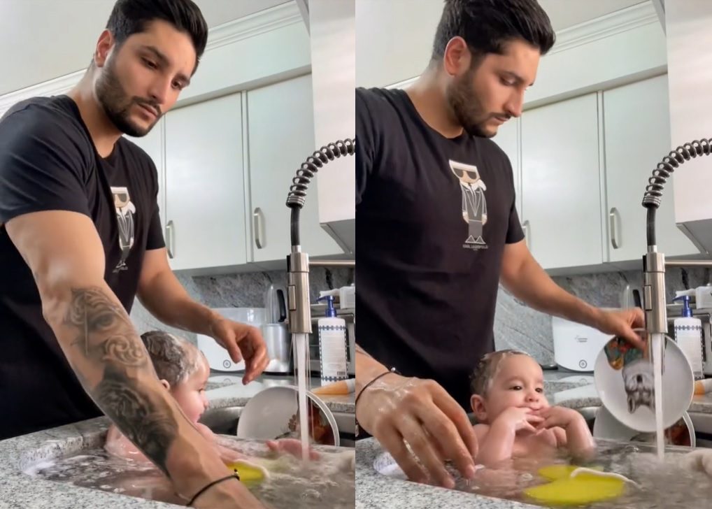 Pura eficiencia: Papá muestra cómo lava la loza y a su hijo en el mismo ...