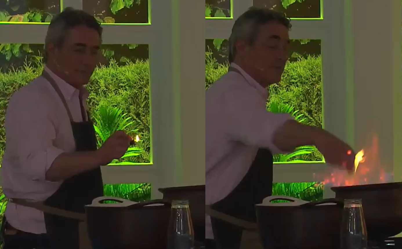 Todo un experto en la cocina: José Luis Repenning flambeó en directo